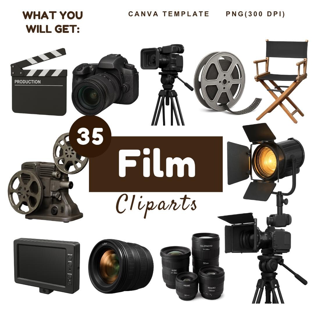Vintage Film Clipart Set: Cameras, Projectors, Clapperboards (PNG, SVG ...
