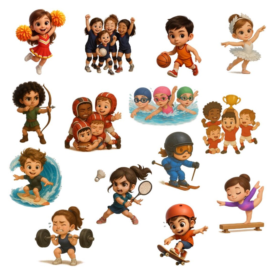 Kids Sports Clipart Bundle, Chibi 3d Realistic Sports for Kids, Cute ...