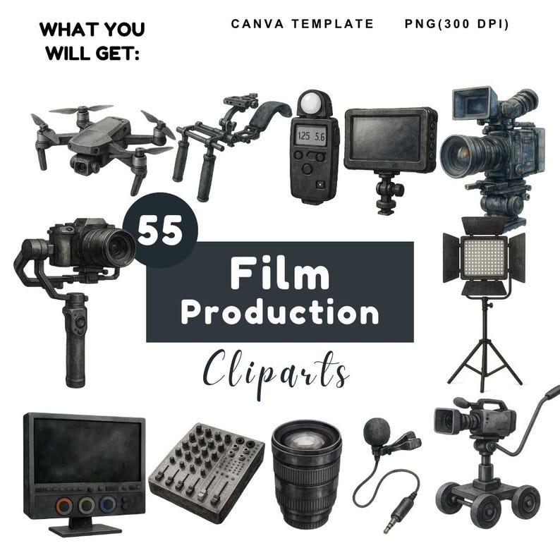 Film Production Clipart Set: Cameras, Projectors, Clapperboards (PNG ...