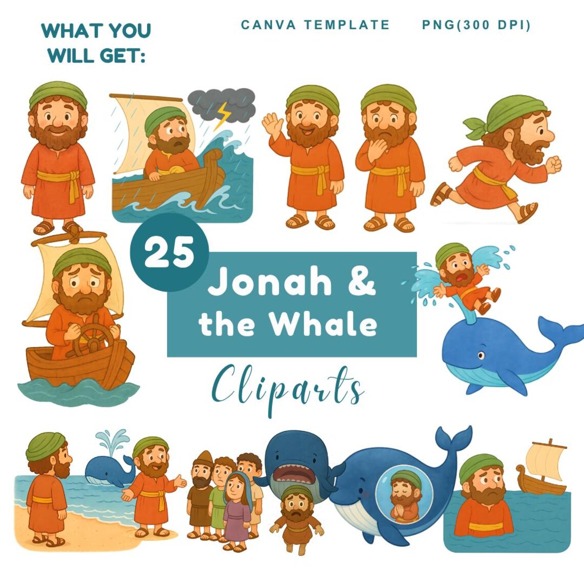 Jonah and the Whale Cliparts: Bible Story PNG Illustrations (digital ...