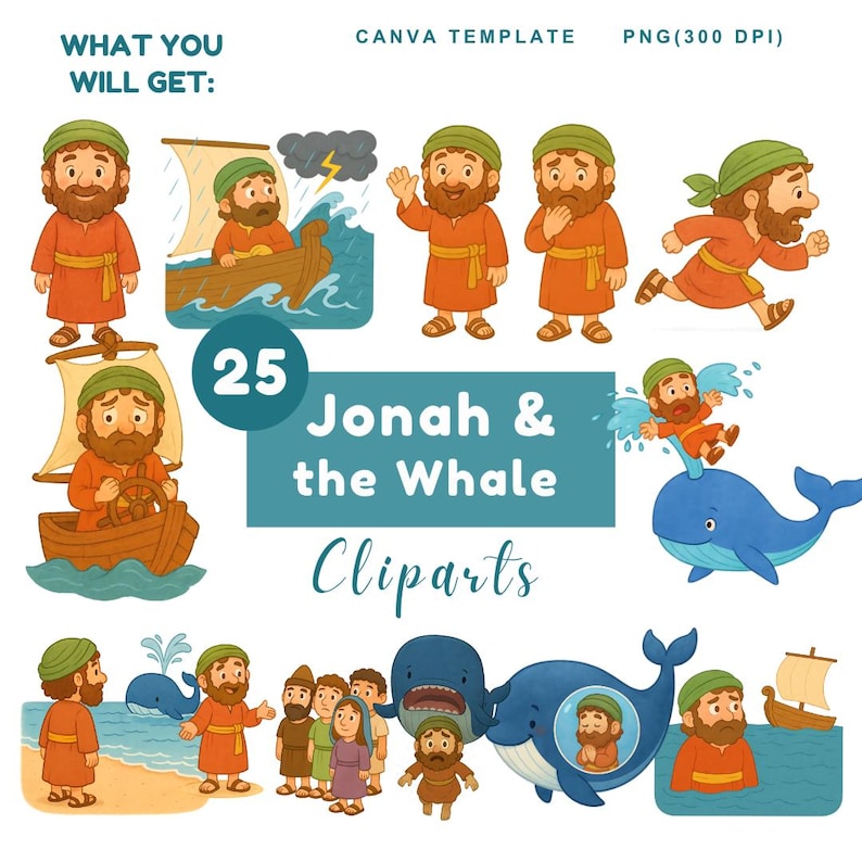 Jonah and the Whale Cliparts: Bible Story PNG Illustrations (digital ...