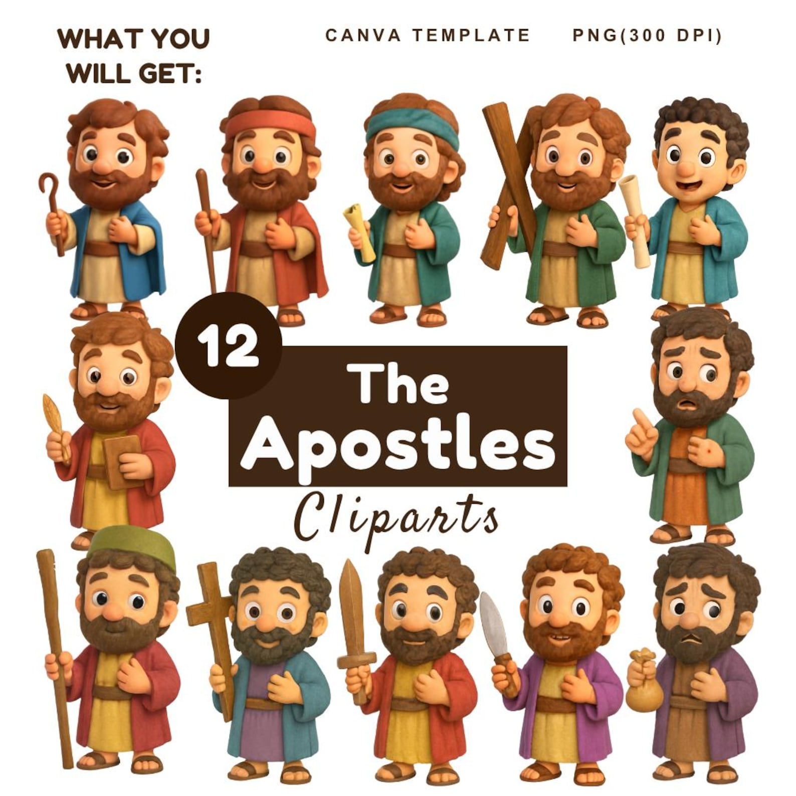 12 Apostles Clipart: 3D Cartoon Christian Illustration (PNG Download ...