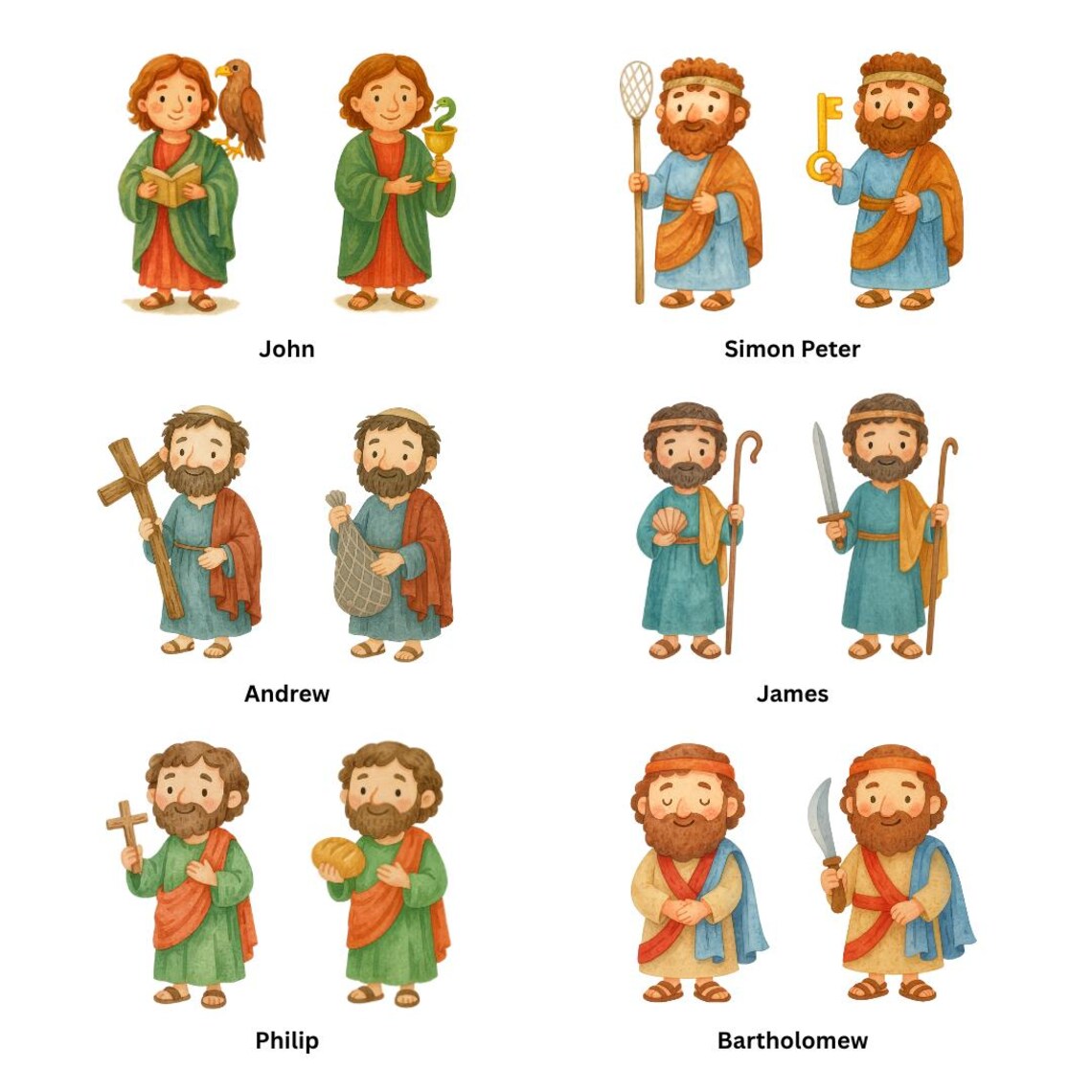12 Apostles Clipart: Cartoon Christian Bible Characters (PNG Download ...