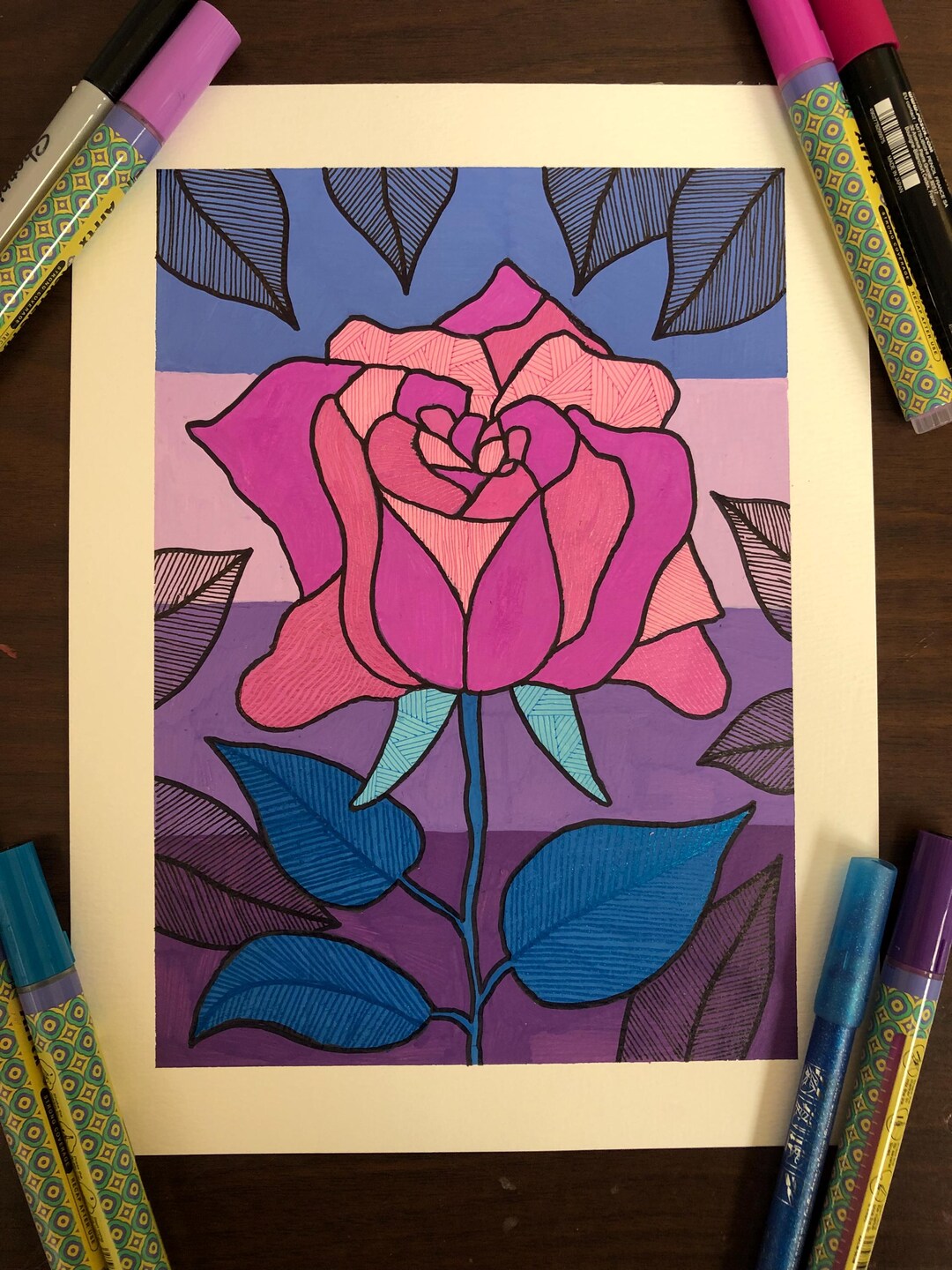Pink Rose Art With Zentangle Details – 9x12 Whimsical Floral Artwork ...