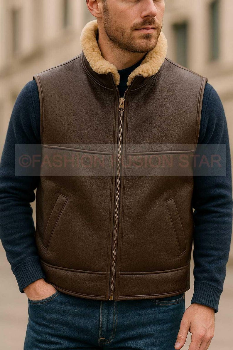 Men's Genuine Sheepskin Leather Vest: Faux Shearling Lined Biker ...