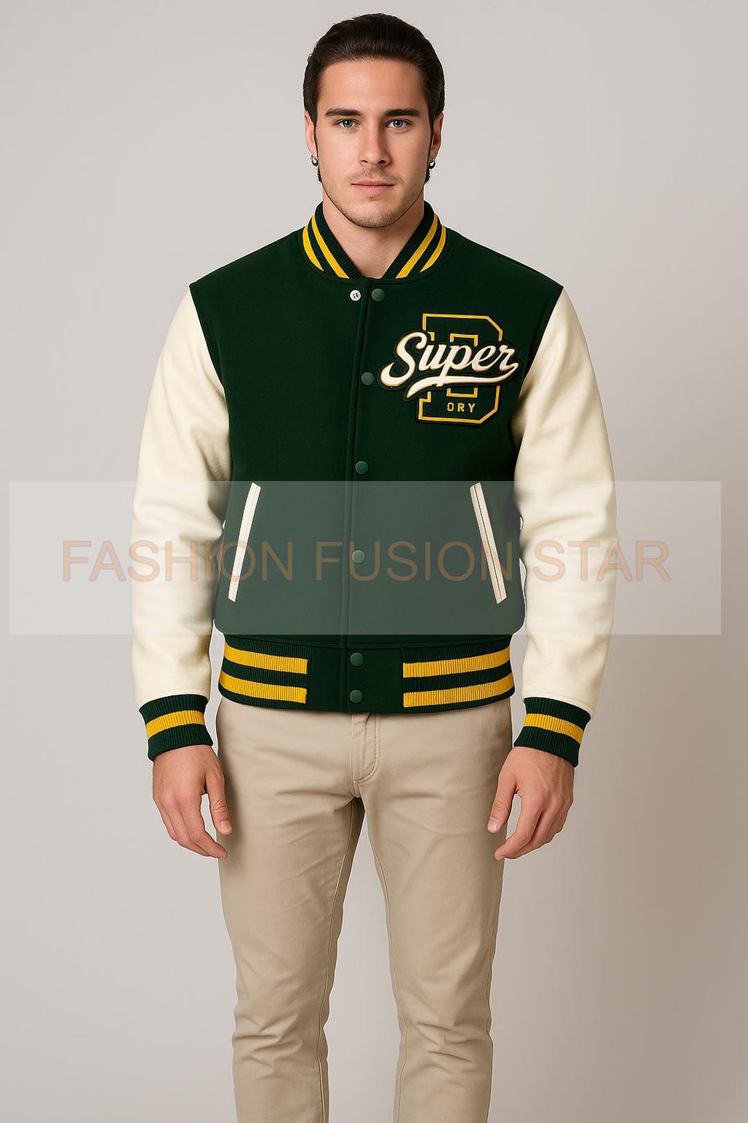 Men's Varsity Wool Letterman Jacket With PU Leather Sleeves | Green and ...