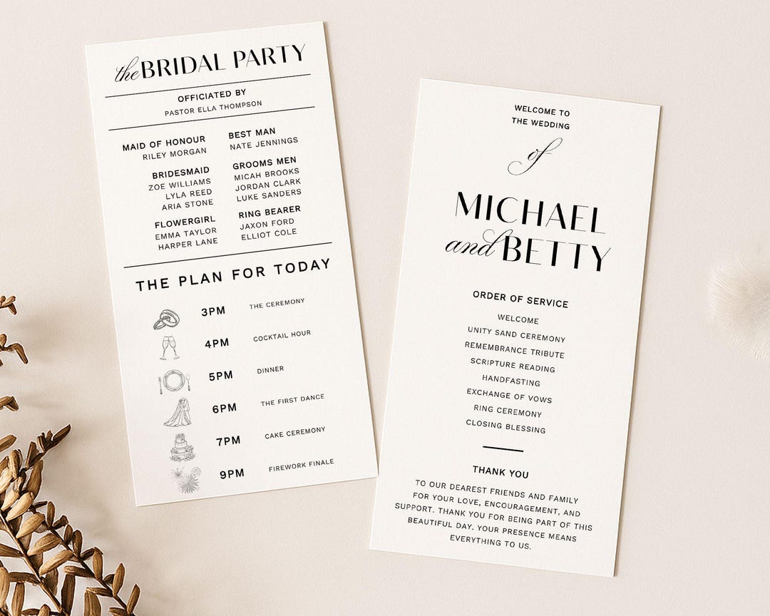 Minimalist Wedding Program Template | 4x8" | Slim Order of Service ...