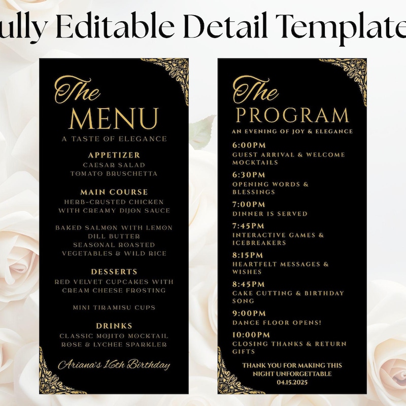 Black and Gold Gala Menu - Etsy