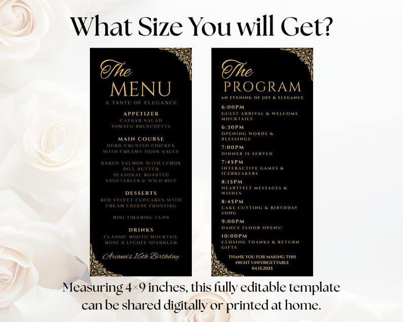Black and Gold Menu and Program Template: Elegant Canva Design (digital ...