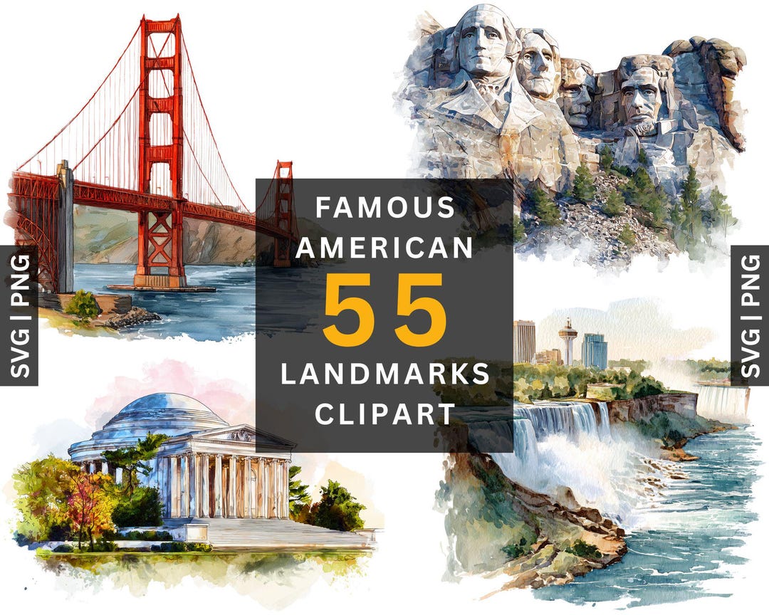 American Landmarks Clipart Bundle: USA Travel Illustrations (PNG, SVG ...