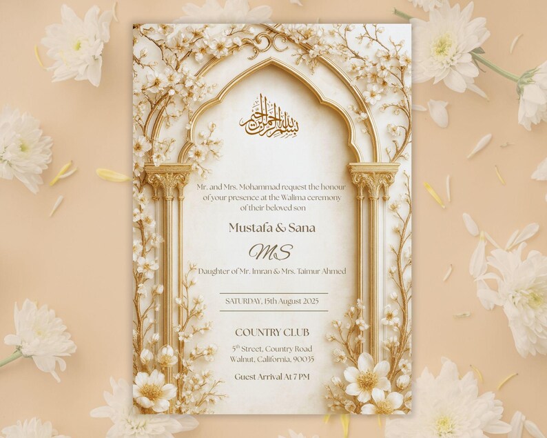 Arabesque Beige/gold Arch Islamic Digital Floral Wedding Invite Beige ...