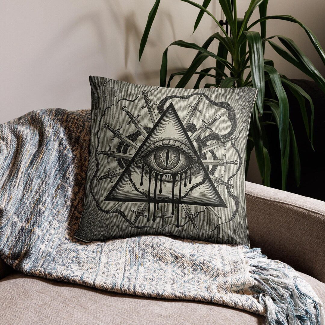 All Seeing Eye Pillow Woodcut Art Cushion Occult Triangle Swords Decor ...