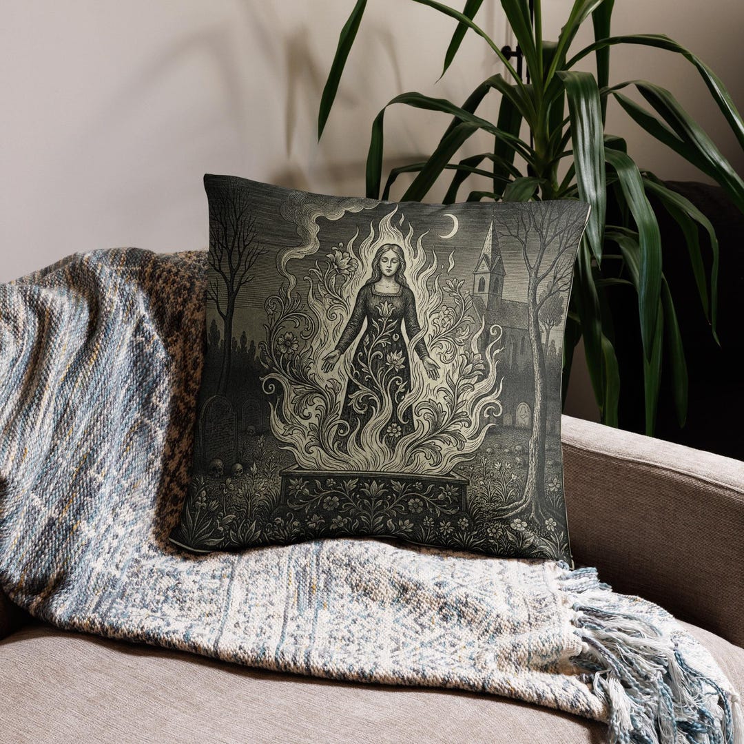 Rising Phoenix Woman Pillow Woodcut Art Cushion Gothic Cemetery Decor ...