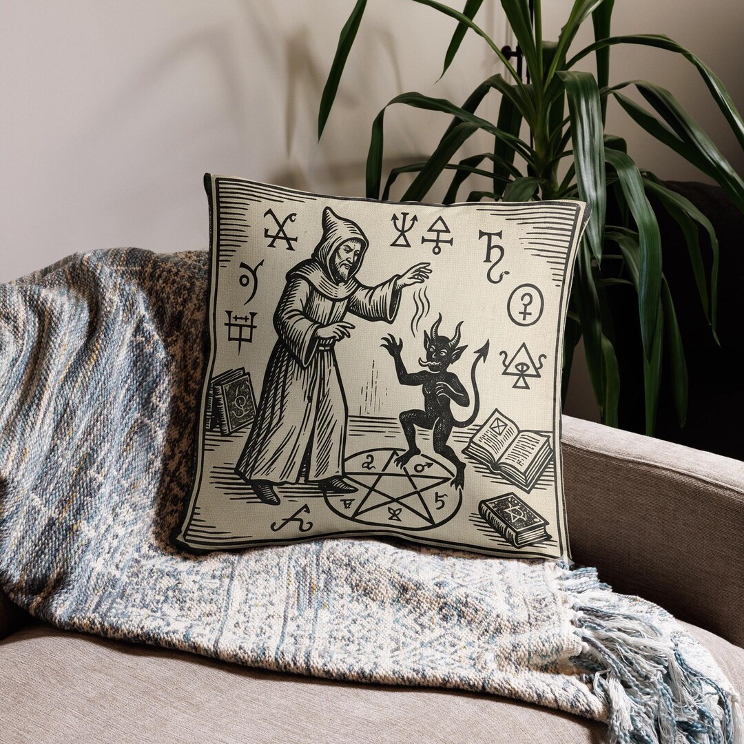 Alchemist Summoning Demon Pillow Woodcut Art Cushion Occult Magic Decor ...