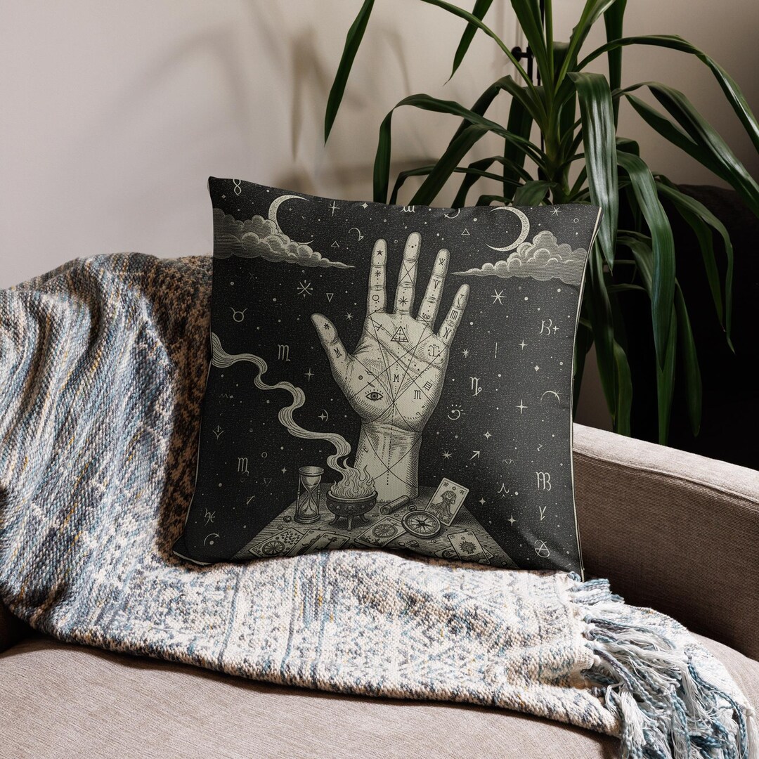 Palmistry Hand Pillow Woodcut Art Cushion Astrology Decor Occult Gift ...