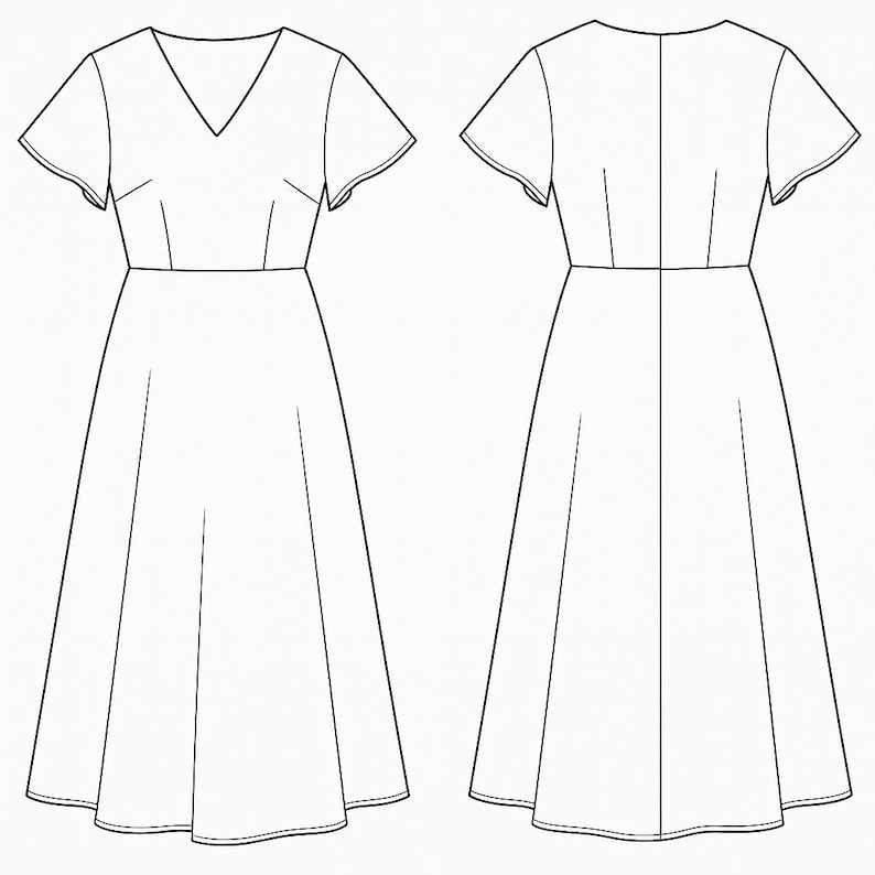Flutter Sleeve A-line Dress Sewing Pattern: V-neck (PDF Pattern) - Etsy