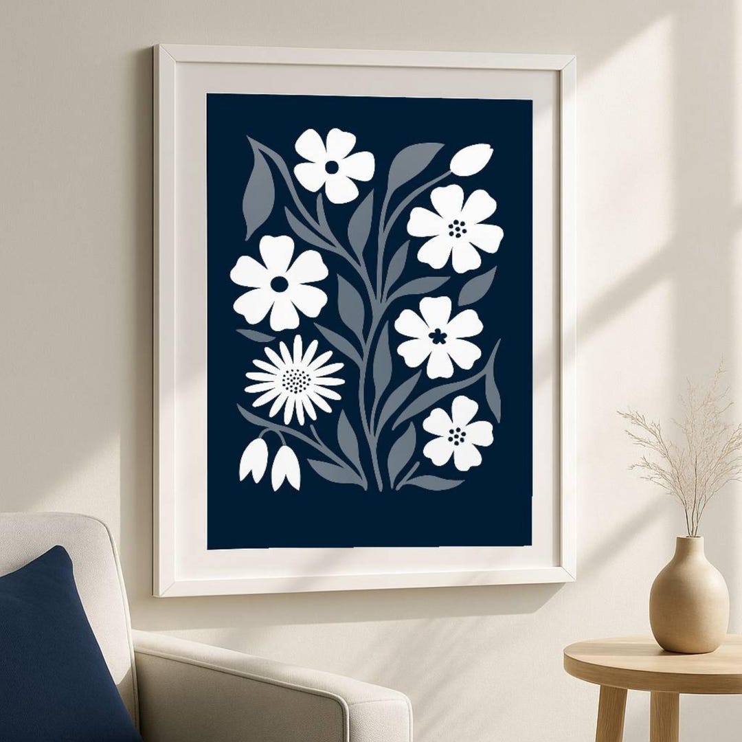 White and Blue Floral Wall Art - Navy Botanical Print - Digital Poster ...