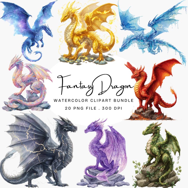 Fantasy Dragon Clipart Collection, 20 PNG Watercolor Mythical ...