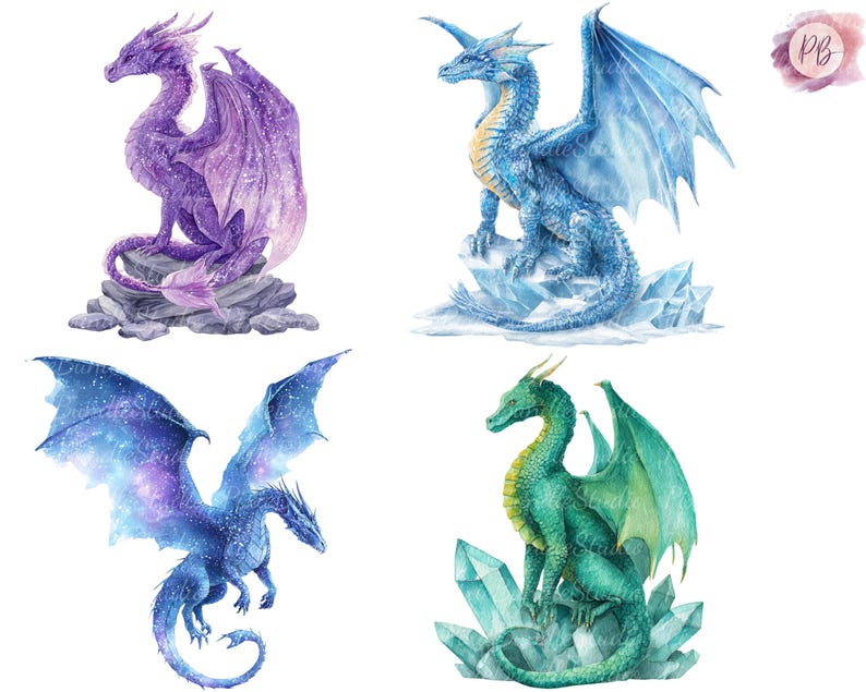 Fantasy Dragon Clipart Collection, 20 PNG Watercolor Mythical ...