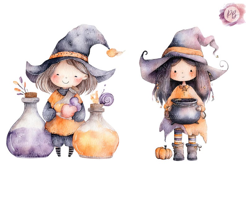 20 Cute Watercolor Witch Clipart Bundle, Pastel Halloween Witch Pngs ...