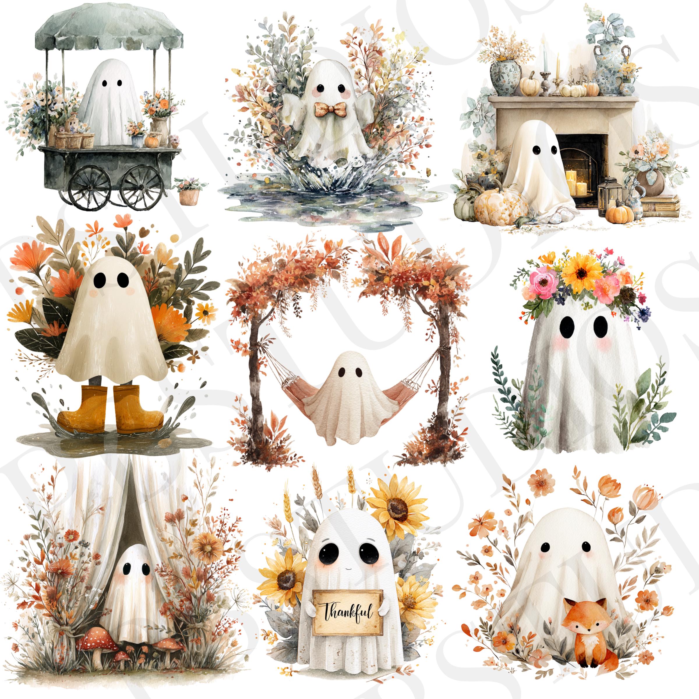 Vintage Fall Ghost Clipart PNG Bundle, Cute Halloween Watercolor Ghosts ...
