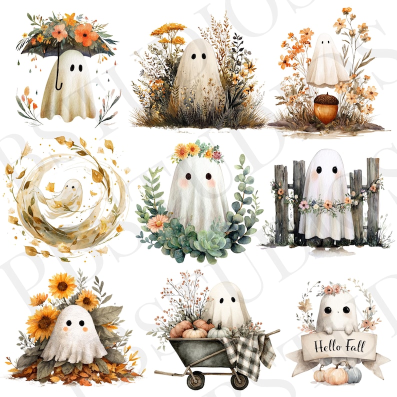 Vintage Fall Ghost Clipart PNG Bundle, Cute Halloween Watercolor Ghosts ...