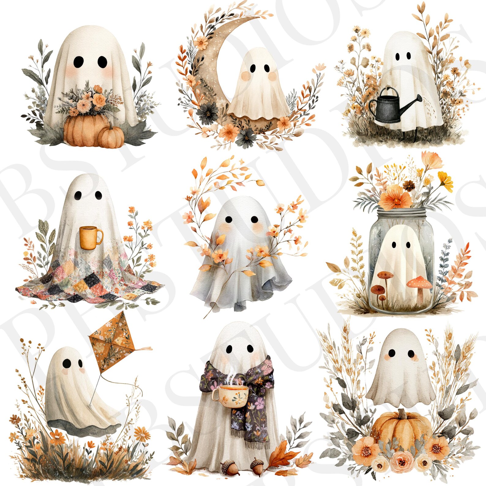 Vintage Fall Ghost Clipart PNG Bundle, Cute Halloween Watercolor Ghosts ...