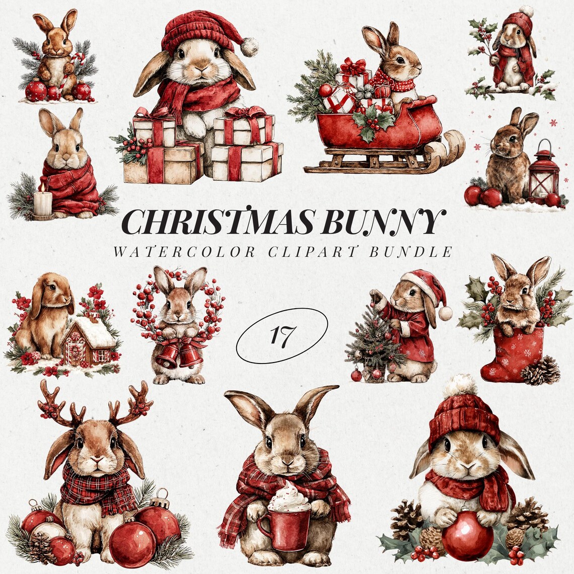 Christmas Bunny Clipart Set, Cute Watercolor Rabbits With Gifts ...