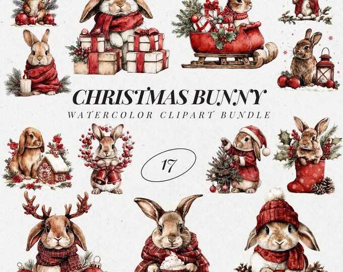Christmas Bunny Clipart Set, Cute Watercolor Rabbits With Gifts ...
