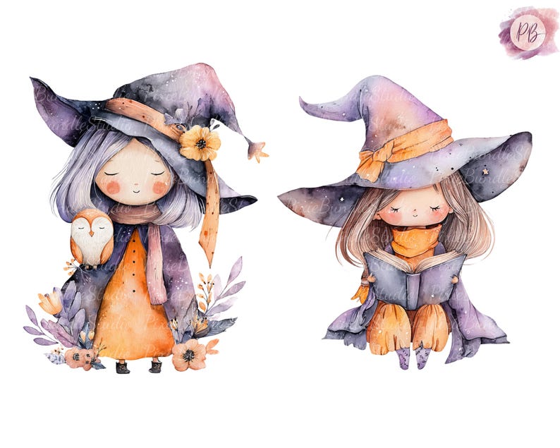 20 Cute Watercolor Witch Clipart Bundle, Pastel Halloween Witch Pngs ...