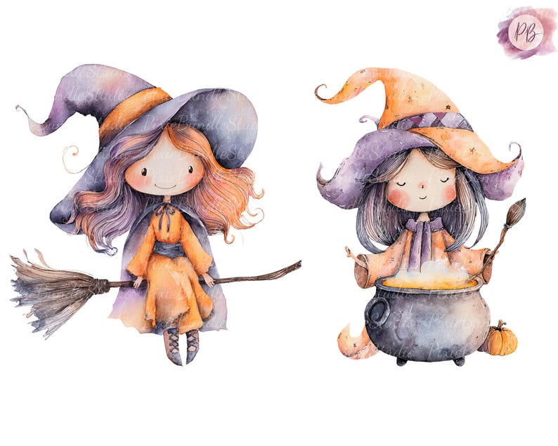 20 Cute Watercolor Witch Clipart Bundle, Pastel Halloween Witch Pngs ...