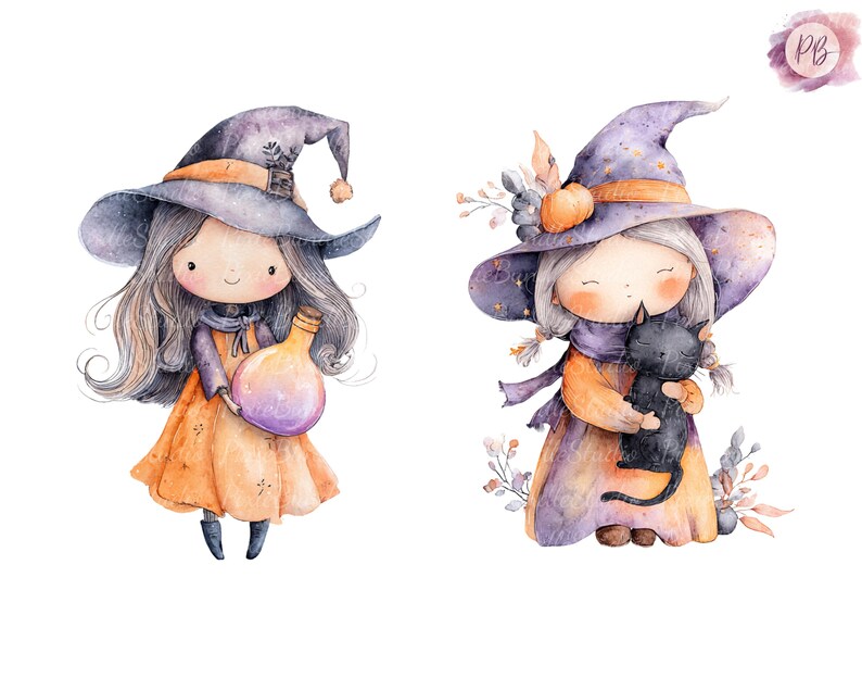 20 Cute Watercolor Witch Clipart Bundle, Pastel Halloween Witch Pngs ...