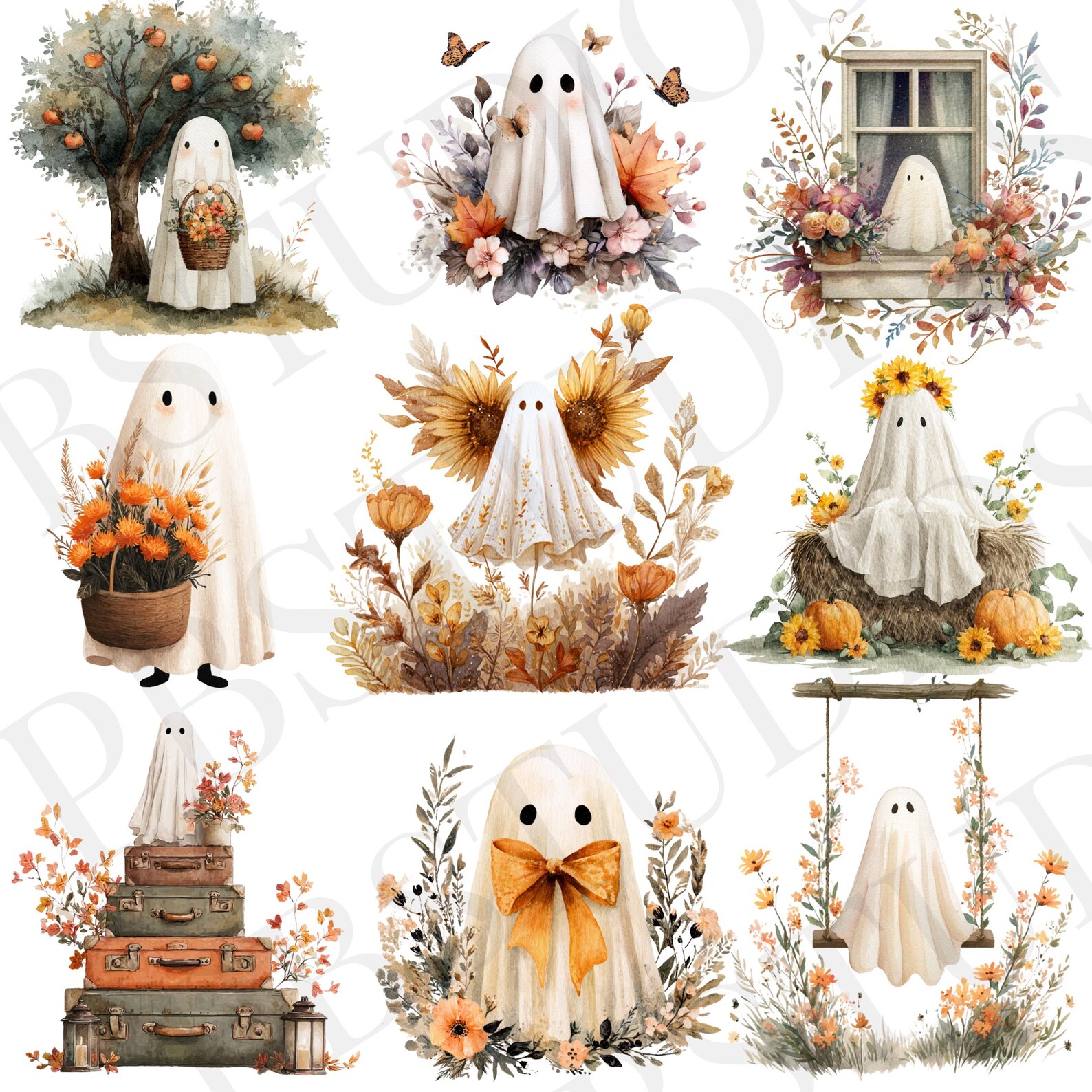 Vintage Fall Ghost Clipart PNG Bundle, Cute Halloween Watercolor Ghosts ...