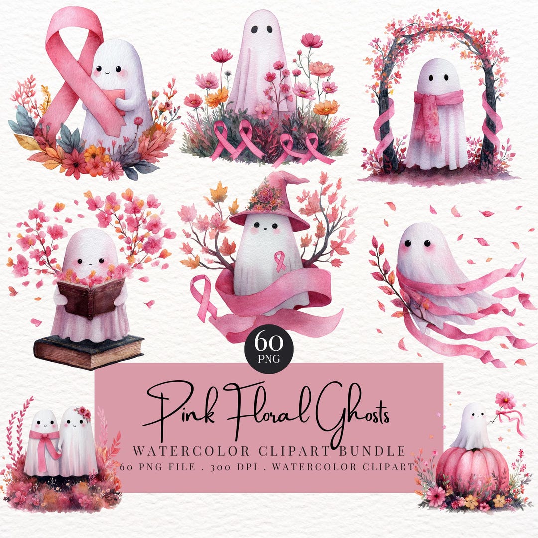 Pink Ghost PNG Bundle, Breast Cancer Awareness Clipart, Watercolor ...