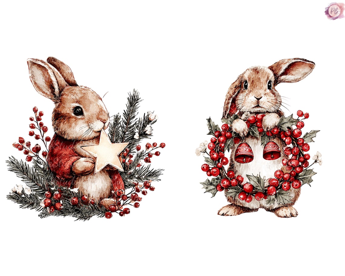 Christmas Bunny Clipart Set, Cute Watercolor Rabbits With Gifts ...