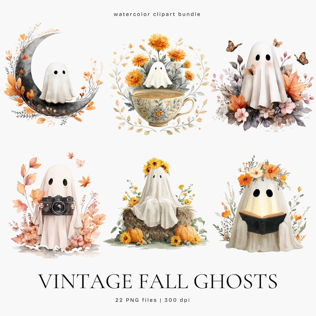 22 Vintage Fall Ghost Clipart PNG Bundle, Cute Halloween Watercolor ...