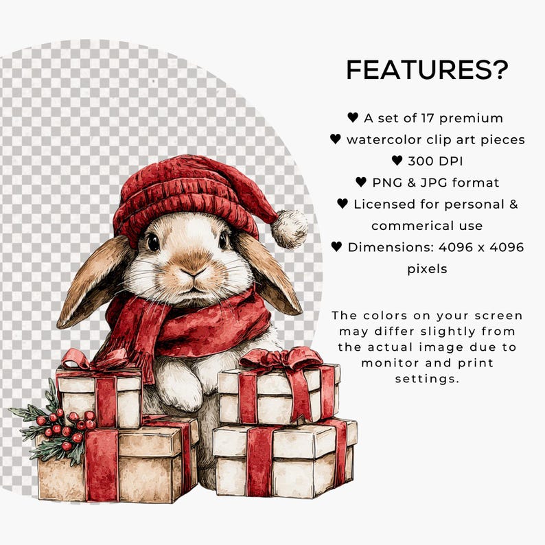 Christmas Bunny Clipart Set, Cute Watercolor Rabbits With Gifts ...