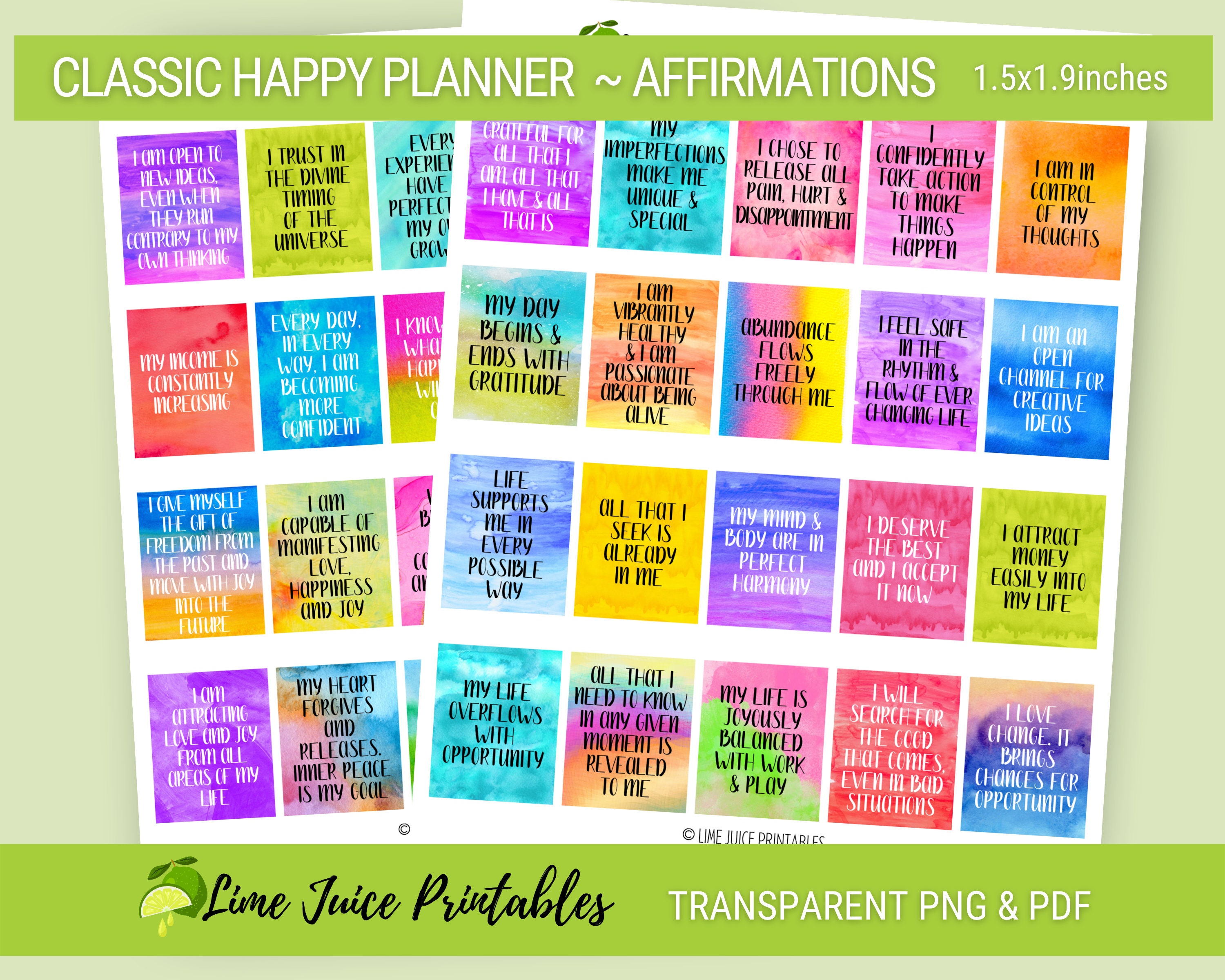 Printable POSITIVE AFFIRMATIONS for Happy Planner, Digital ...