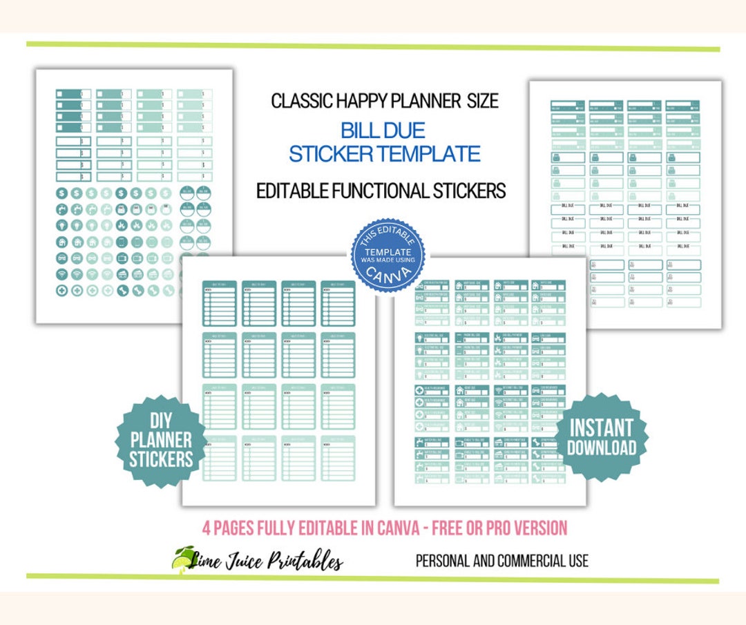 Bill Due Planner Stickers: Editable Canva Templates (big Happy Planner ...