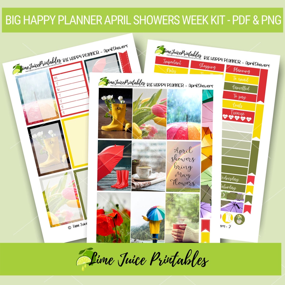 April Showers Big Happy Planner Stickers: Printable Weekly Kit (PDF ...