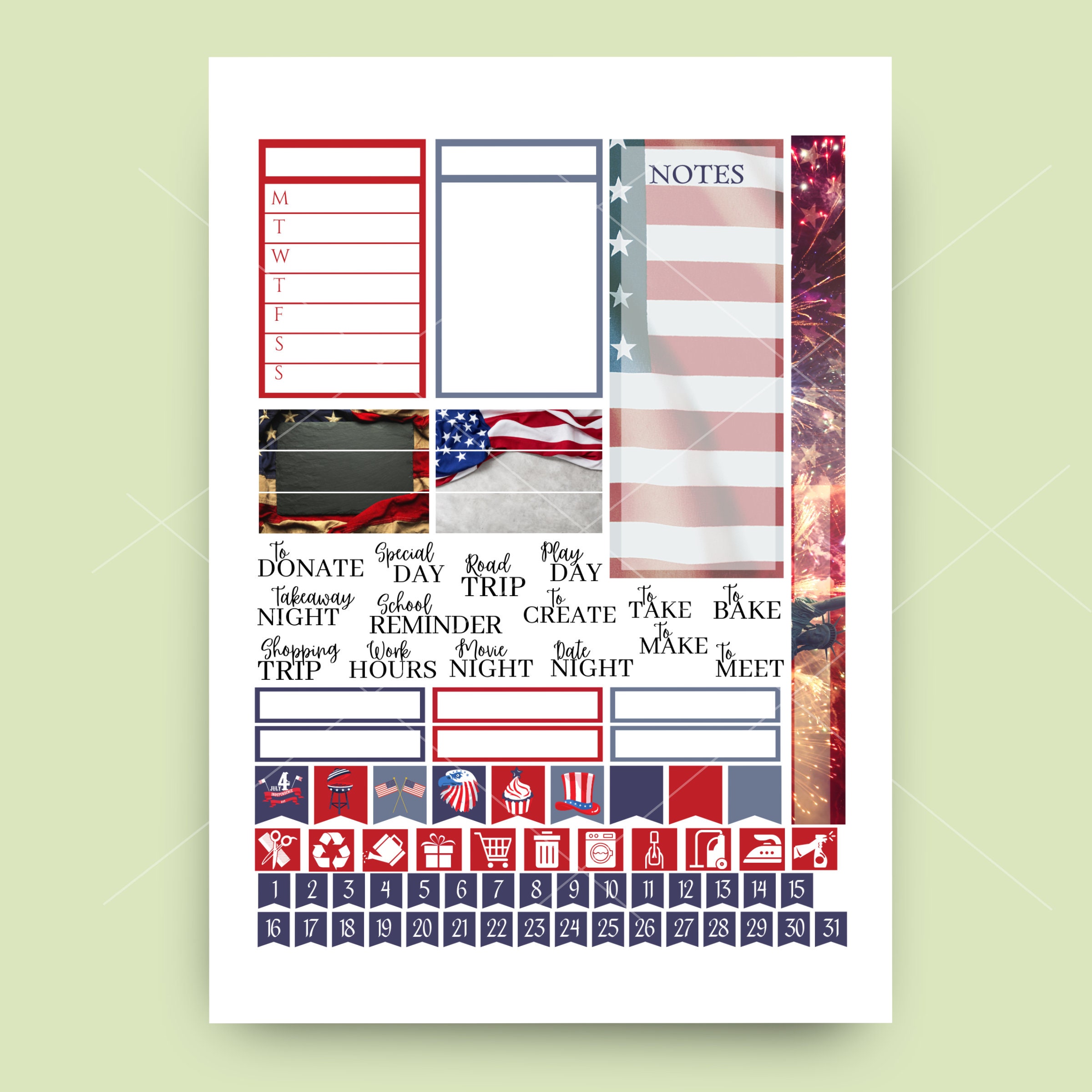 JULY FOURTH Printable Planner Stickers | Week Kit | Transparent PNG ...