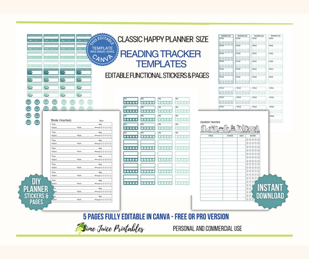 Reading Tracker Stickers: Editable Canva Templates for Happy Planner ...