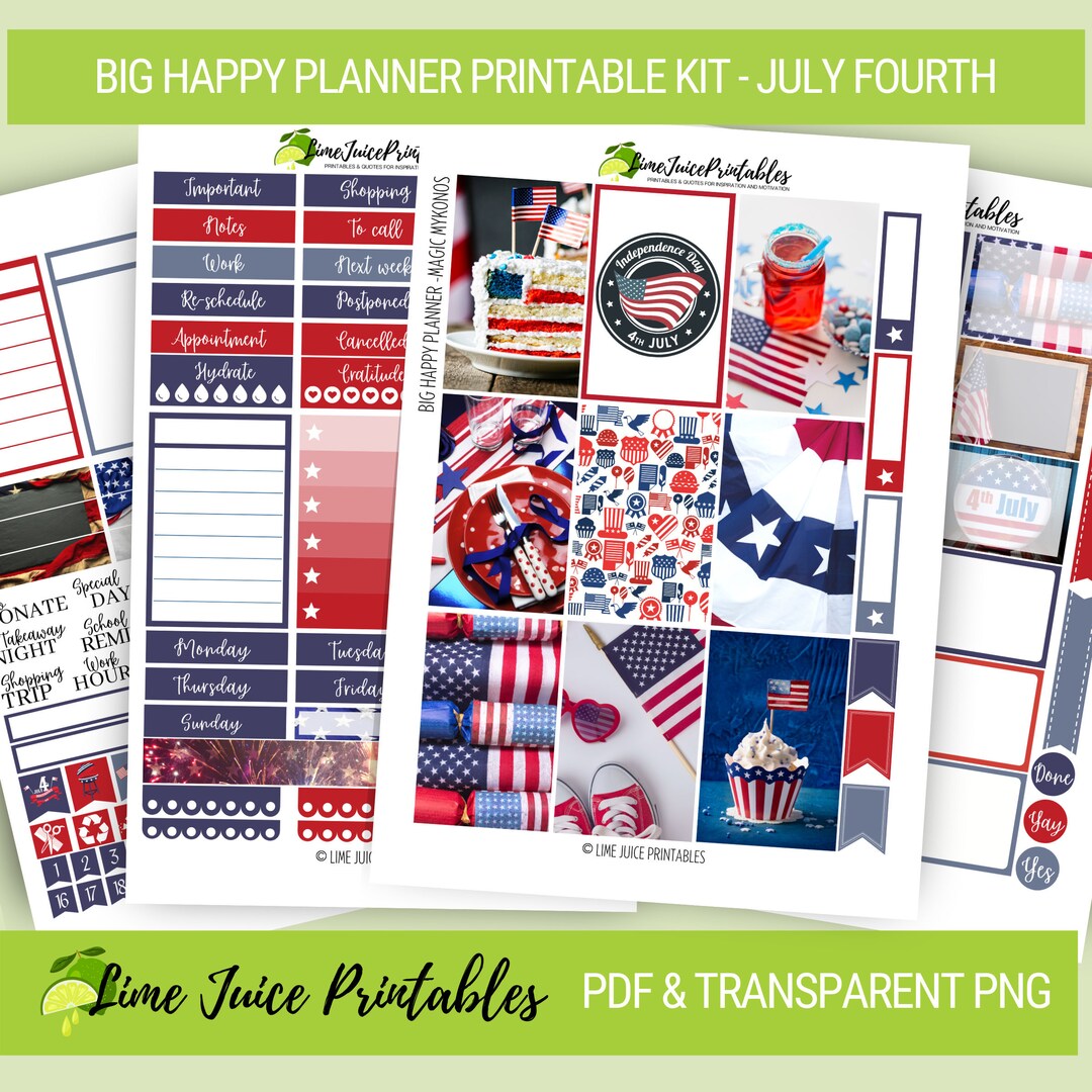 JULY FOURTH Printable Planner Stickers | Week Kit | Transparent PNG ...
