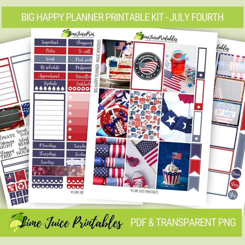 JULY FOURTH Printable Planner Stickers | Week Kit | Transparent PNG ...