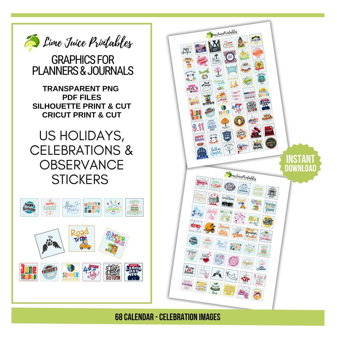 Yearly Holiday Planner Stickers: Celebrations & Events (printable PDF ...