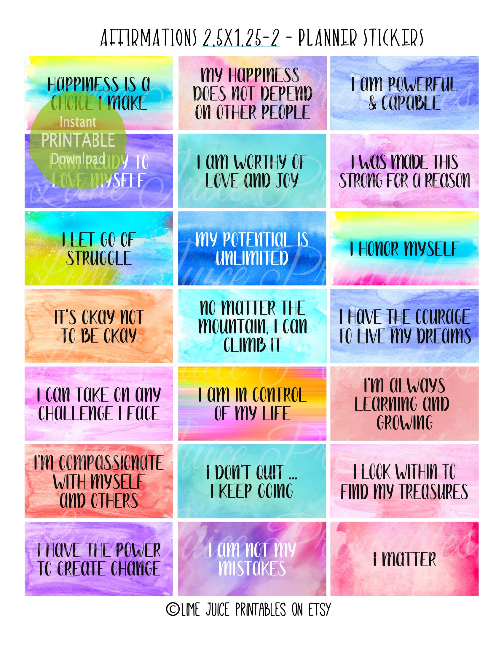 63 Positive Affirmations Cards | Printable Planner Stickers (PDF) - Etsy