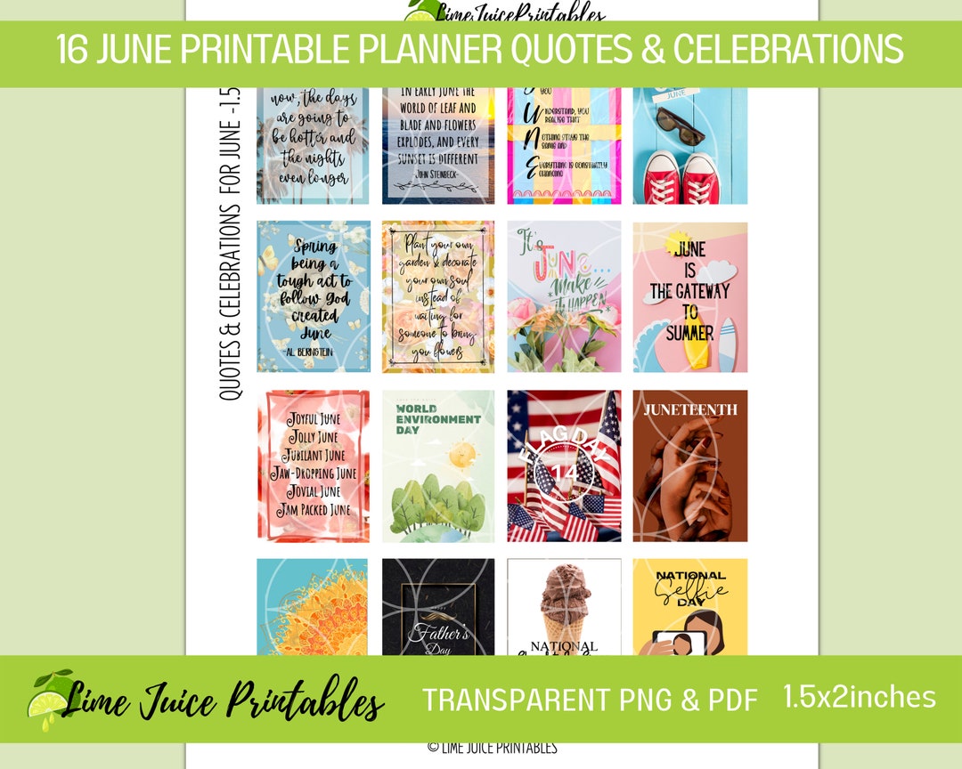 June Planner Stickers: Positive Quotes, Celebrations (printable PNG ...