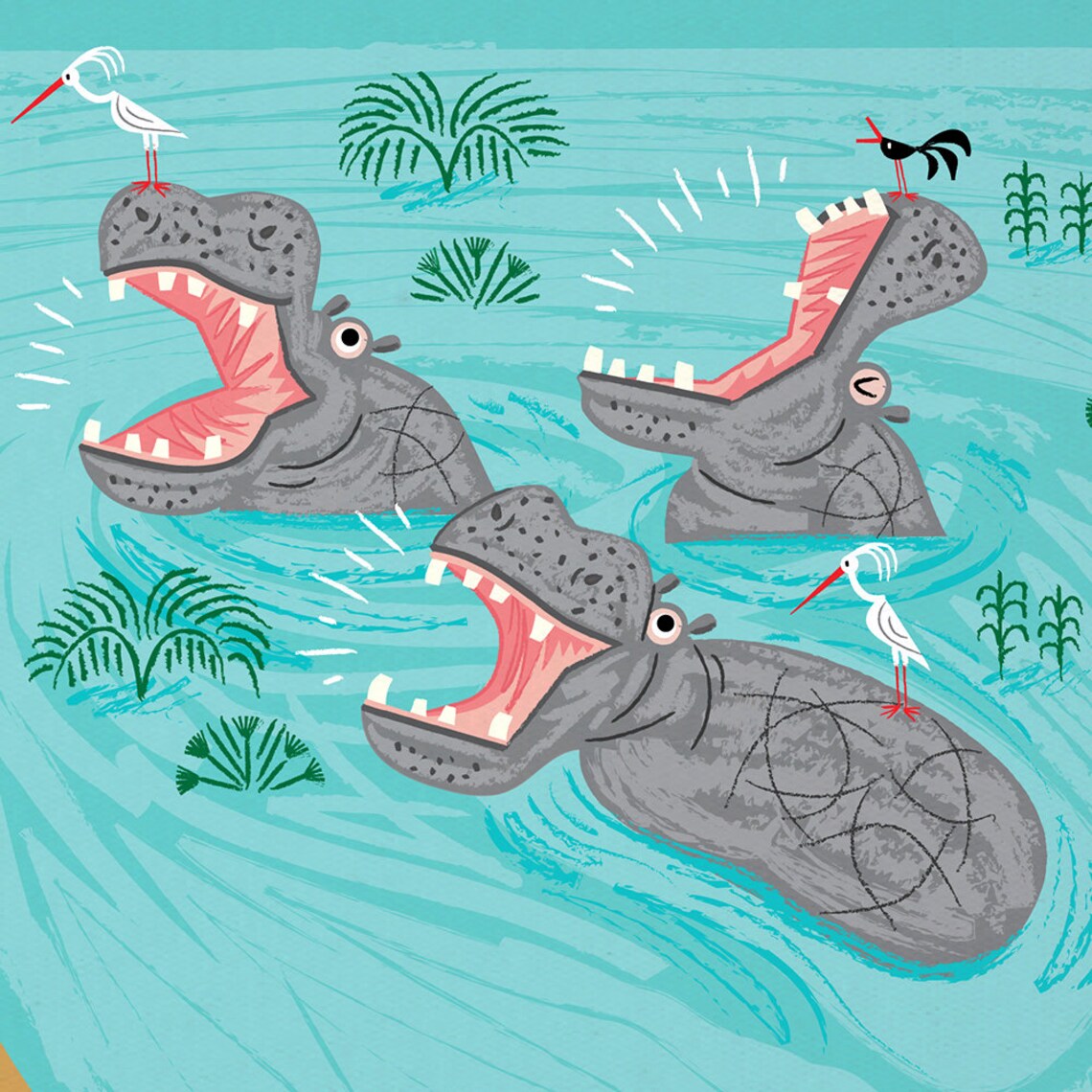 Crocodiles and Hippos, Nature, Wildlife, Children's Art, Hippopotamus ...