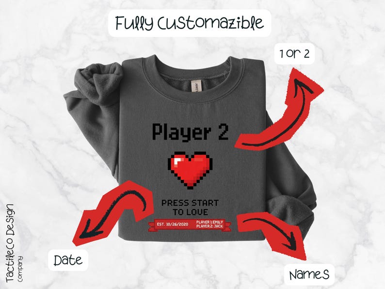 Personalized Pixel Heart Player Sweatshirt for Couples: Gamer ...