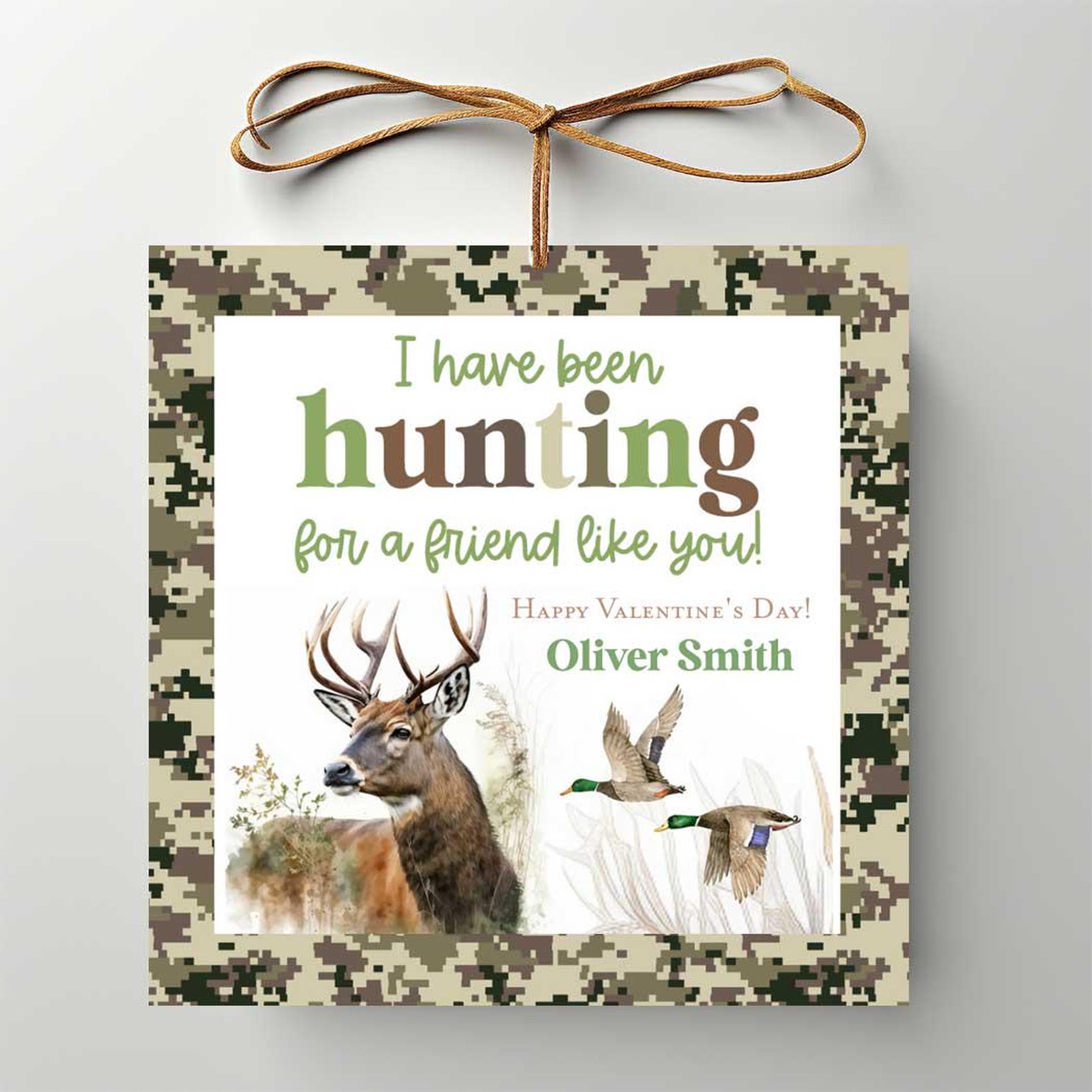 Hunting Valentine's Day Gift Tag, Camo Deer Buck Duck Valentine Card ...
